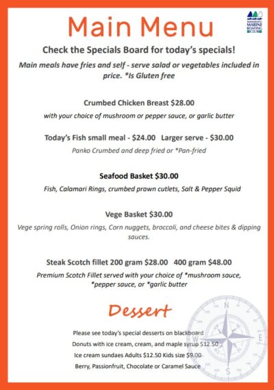 Dinner Menu | Manawatu Marine Boating Club